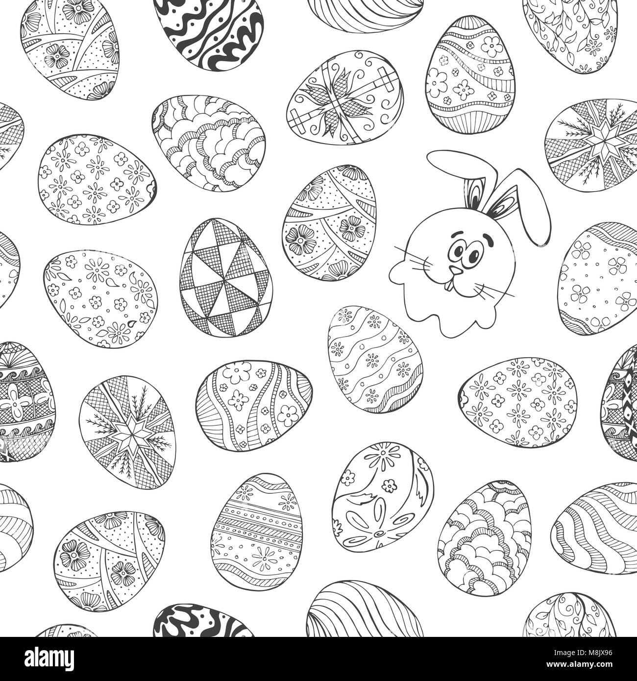 Seamless pattern with different Easter eggs and rabbit. Vector ...