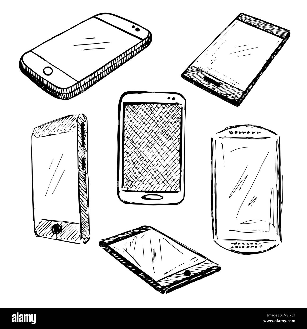 Sketch different phones, smartphones. Vector illustration in a sketch ...