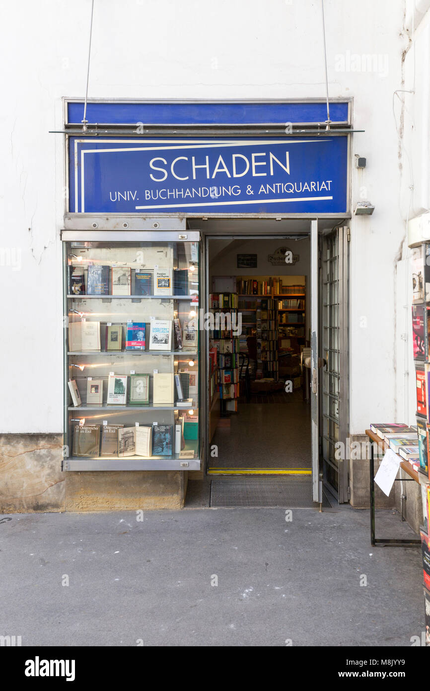 Entrance to bookstore in Austria, open door and display window books ...