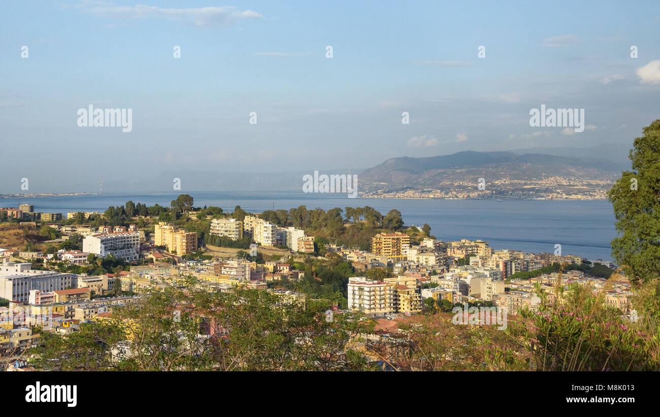 Afternoon view of Messina town with Messina strait in the background ...