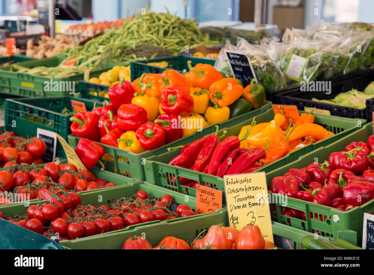 Close up of vegetables, at outdoor market in Bamberg, Germany. Items ...