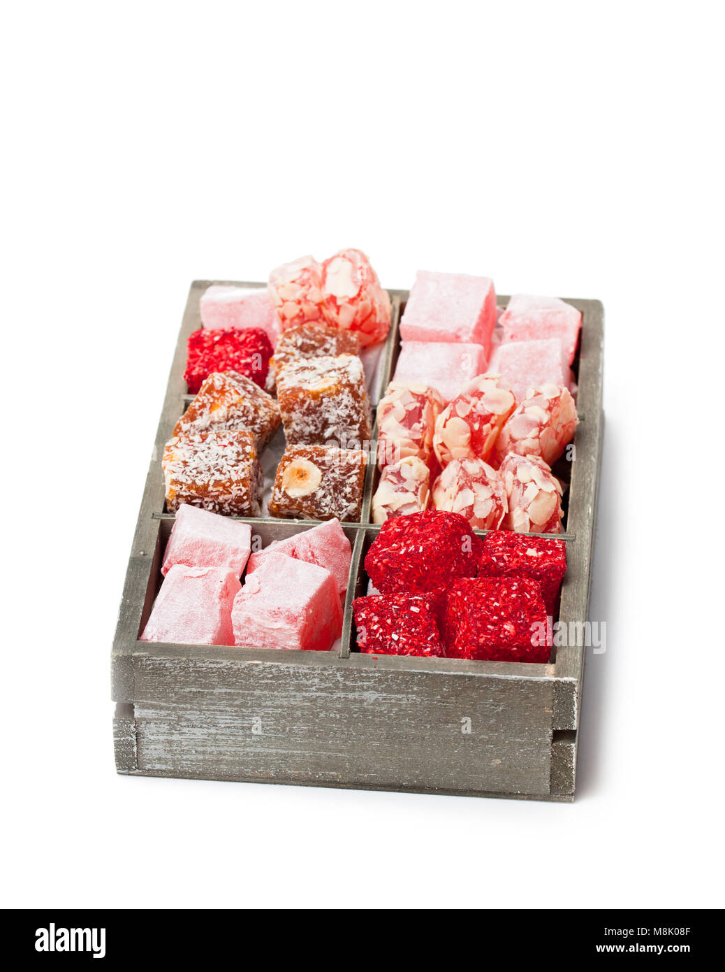 Assortment turkish delight in wooden box isolated on white Stock Photo ...