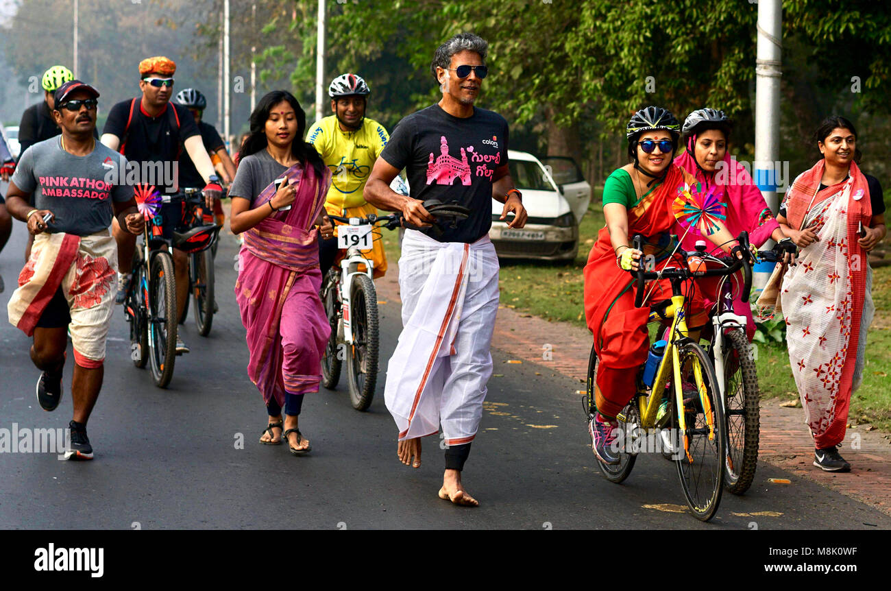 Kolkata, India. 18th Mar, 2018. Model and Actor Milind Soman (in middle ...