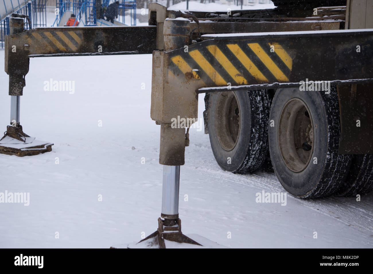hydraulics crane support. hydraulics crane support is on gravel. focus ...