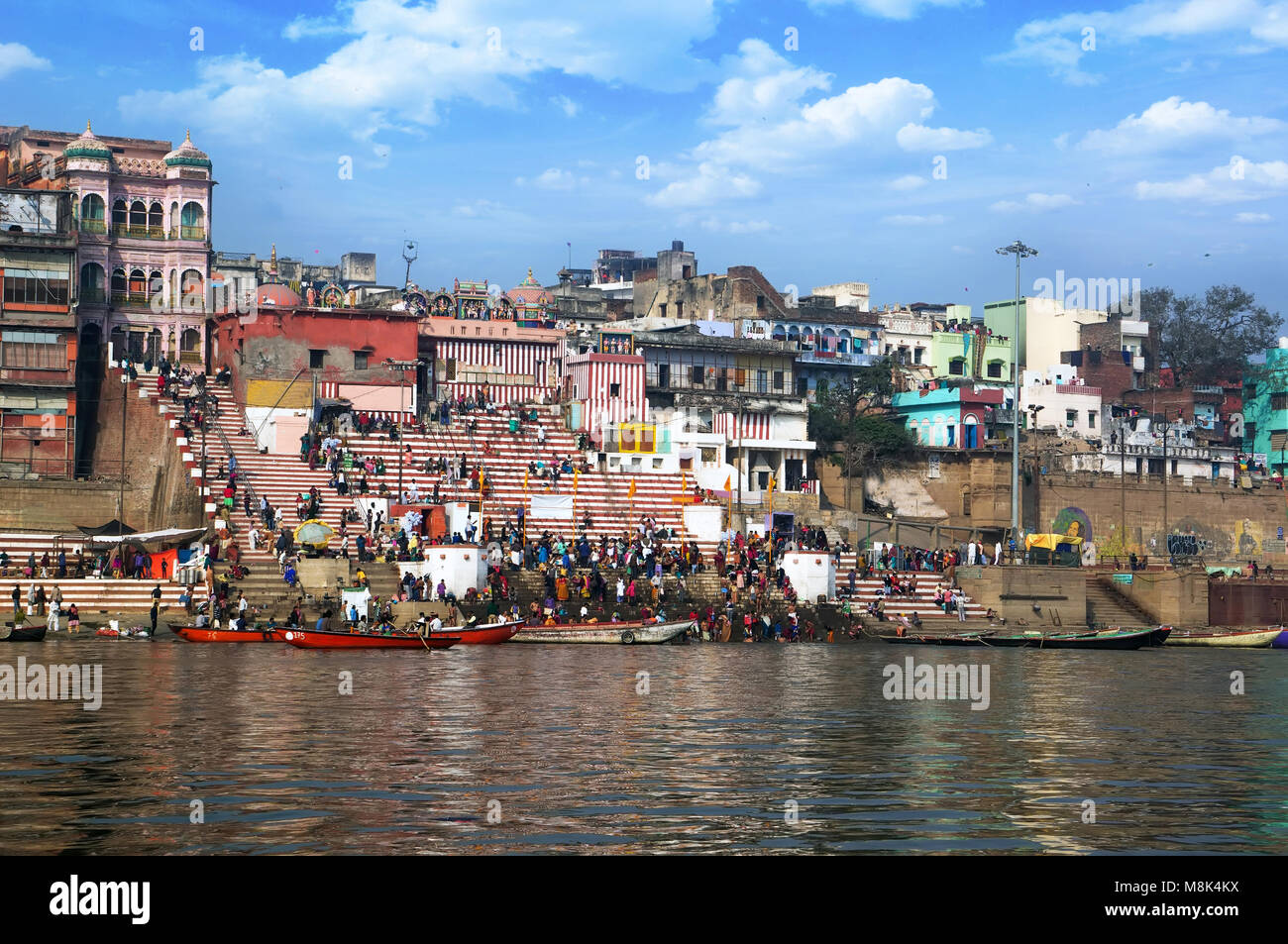 Varanasi city landscape - view from the Ganga river, India, morning ...
