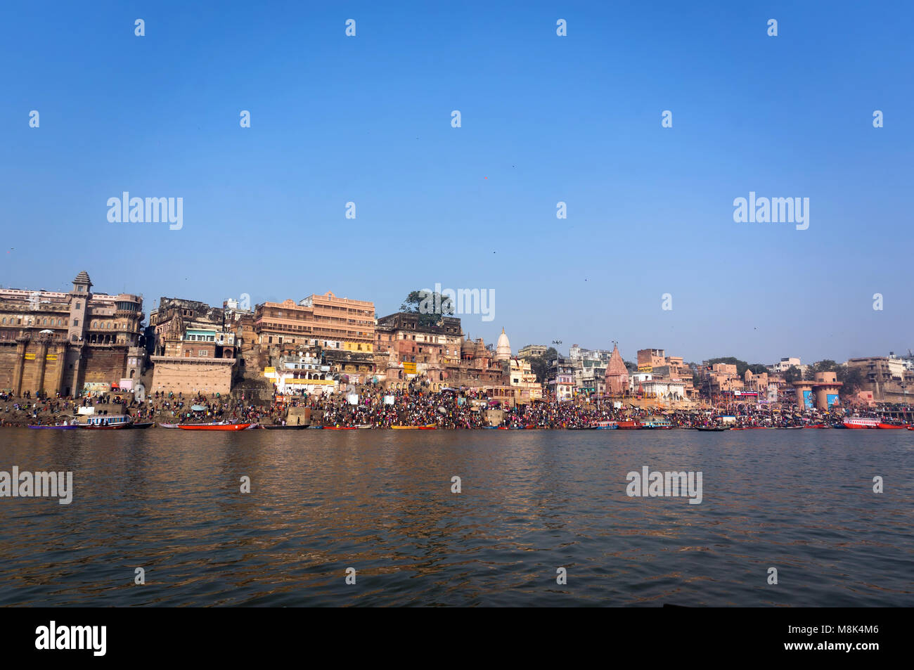 Varanasi city landscape - view from the Ganga river, India, morning ...