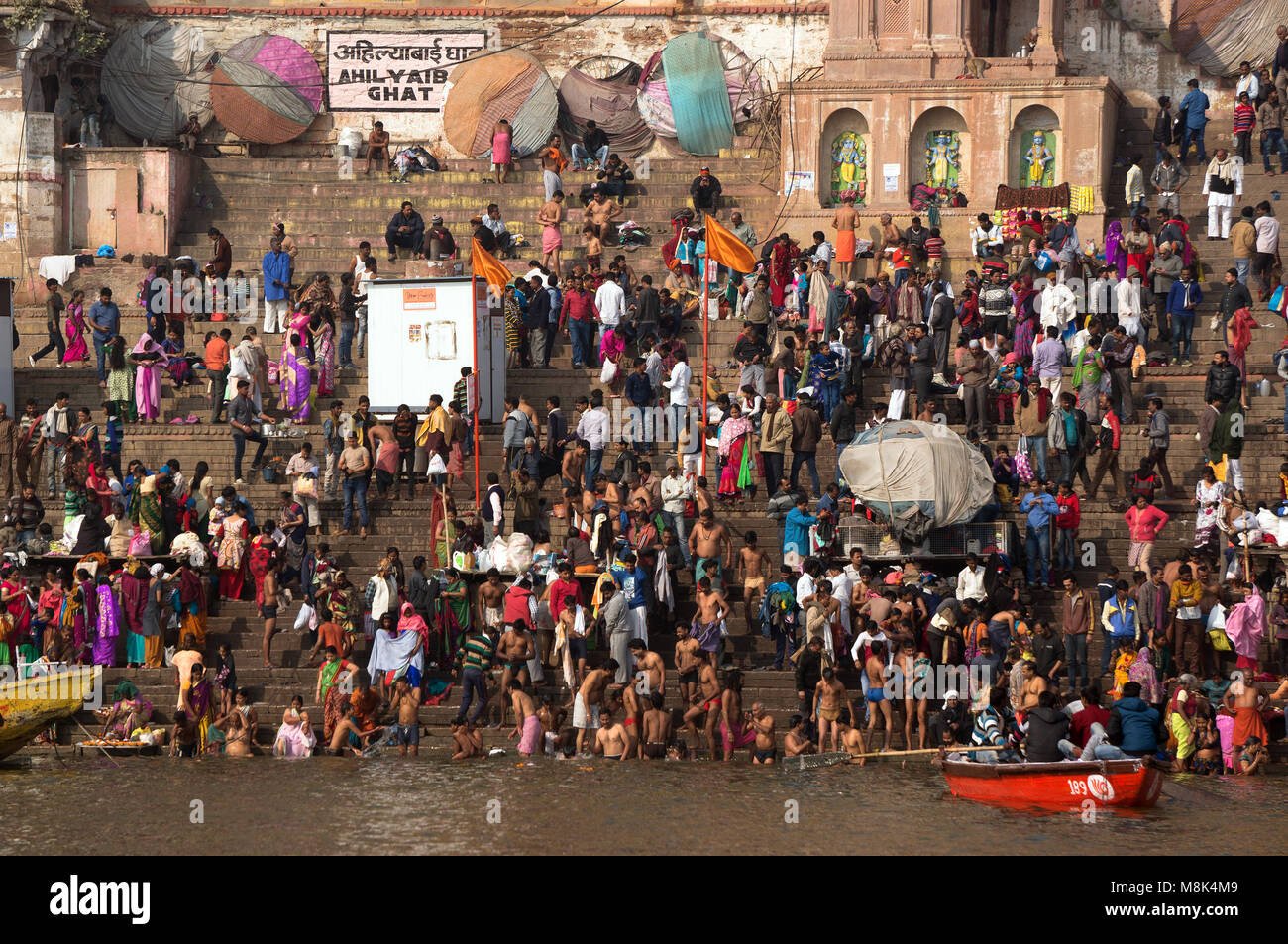 VARANASI, INDIA. February 28, 2017: Crowds of people the stairs of the ...
