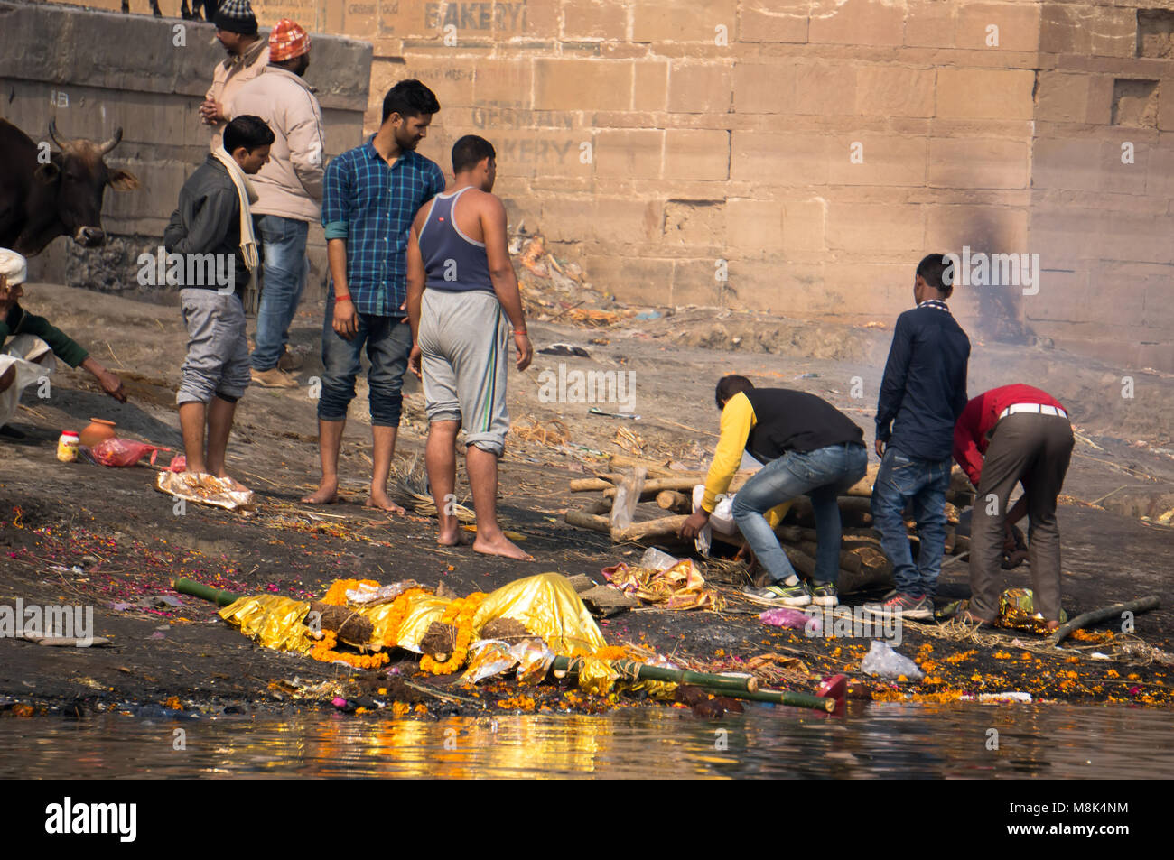 VARANASI, INDIA. February 28, 2017: The Indians prepare the body for ...