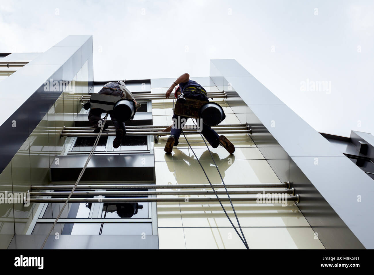 Two industrial climbers are washing, cleaning facade of a modern office ...