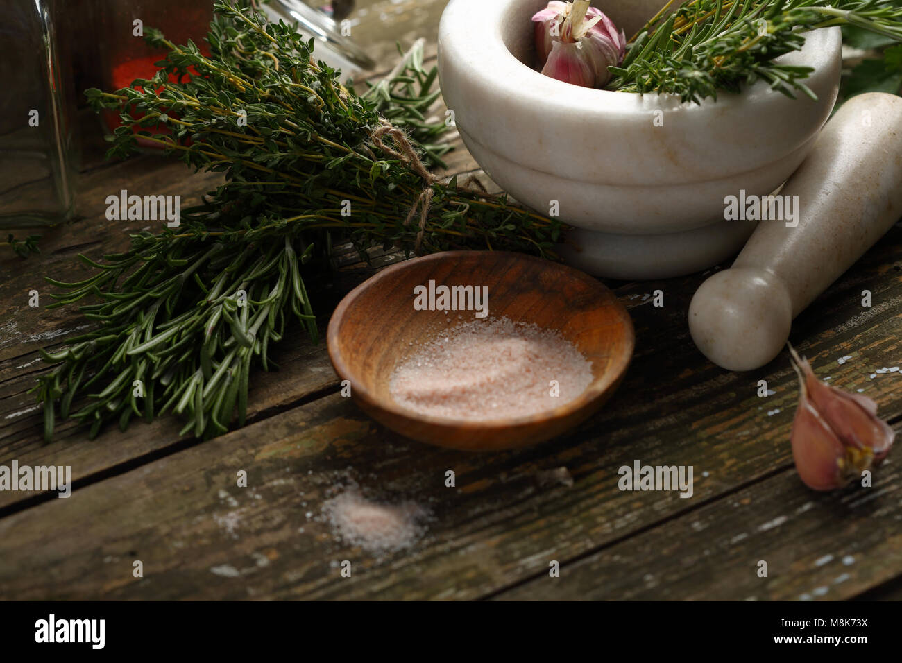 Cooking wood background with herbs Stock Photo - Alamy