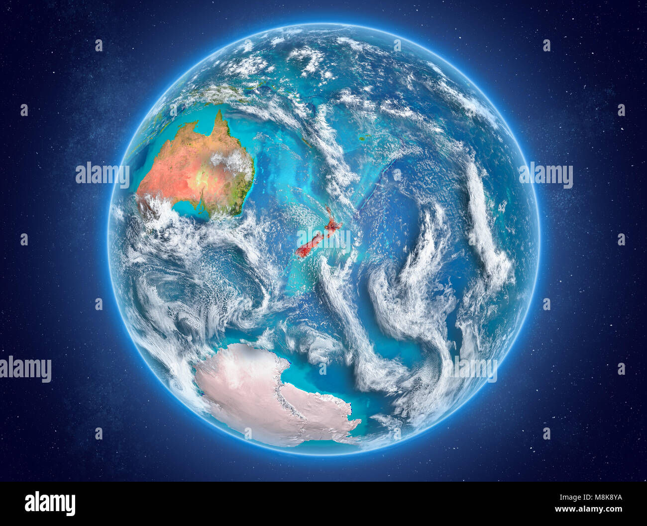 New Zealand in red on model of planet Earth with clouds and atmosphere ...