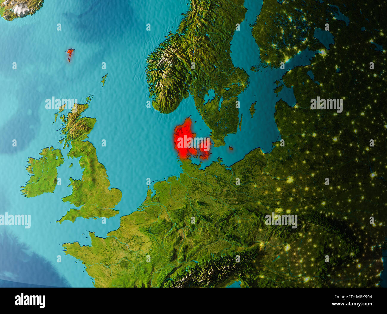 Denmark in early morning light highlighted in red on planet Earth. 3D illustration. Elements of ...