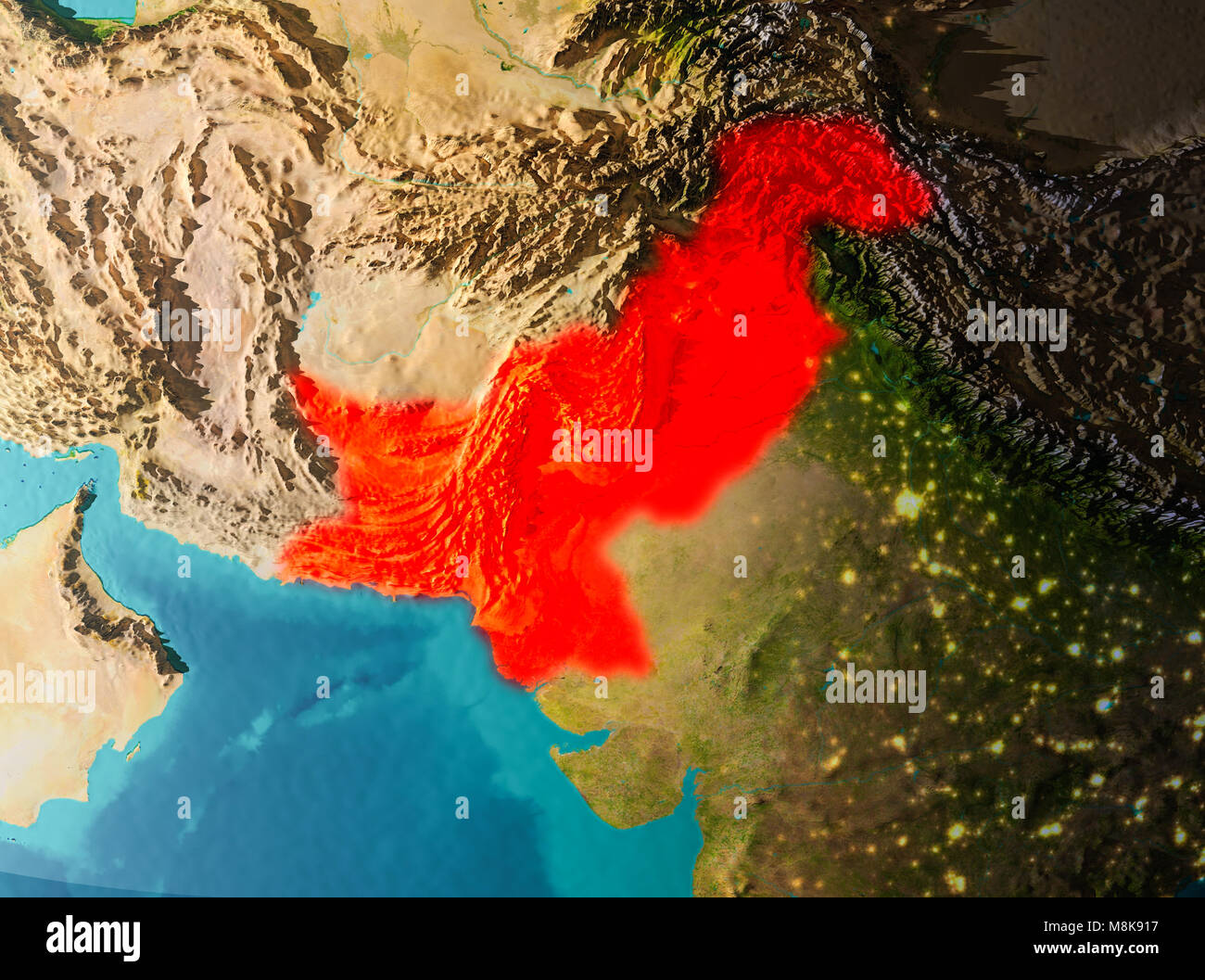 Pakistan in early morning light highlighted in red on planet Earth. 3D ...