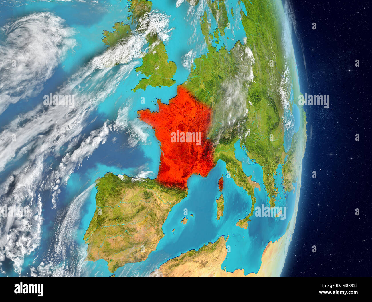 Space view of France highlighted in red on planet Earth with atmosphere ...