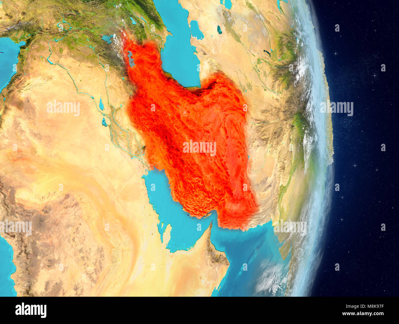 Space view of Iran highlighted in red on planet Earth with atmosphere ...