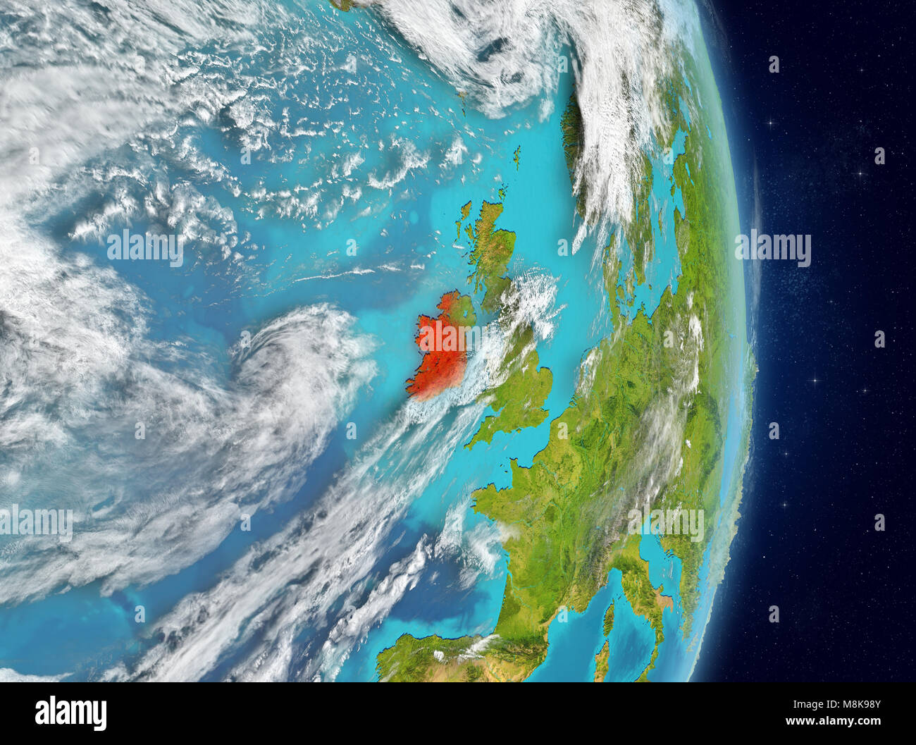 Space view of Ireland highlighted in red on planet Earth with ...