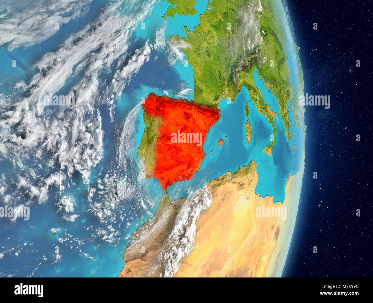 Space view of Spain highlighted in red on planet Earth with atmosphere ...