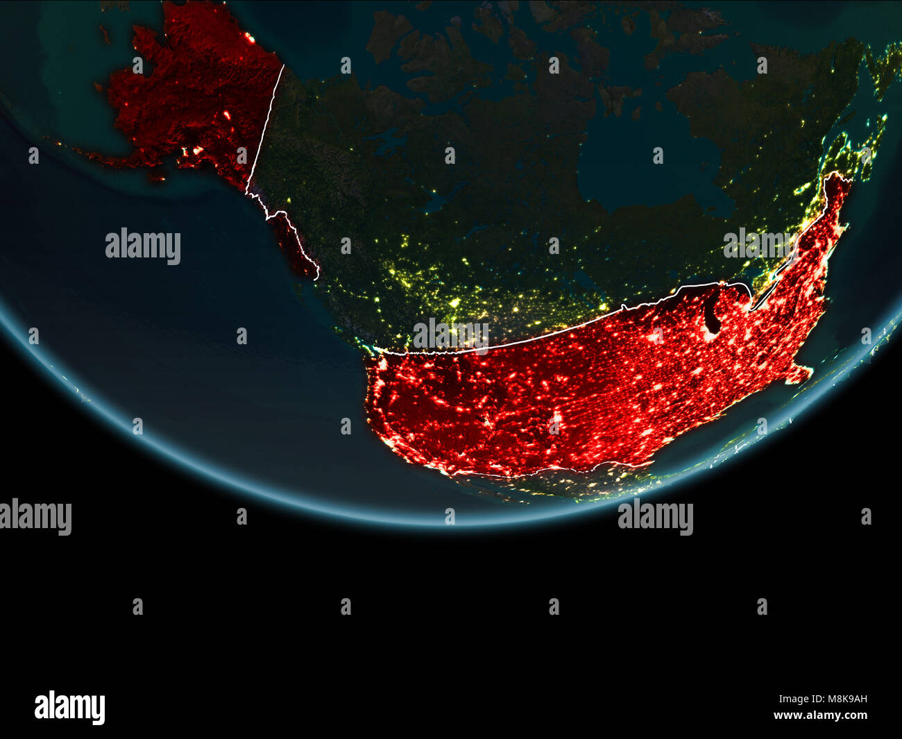 USA highlighted in red on planet Earth at night with visible borders ...