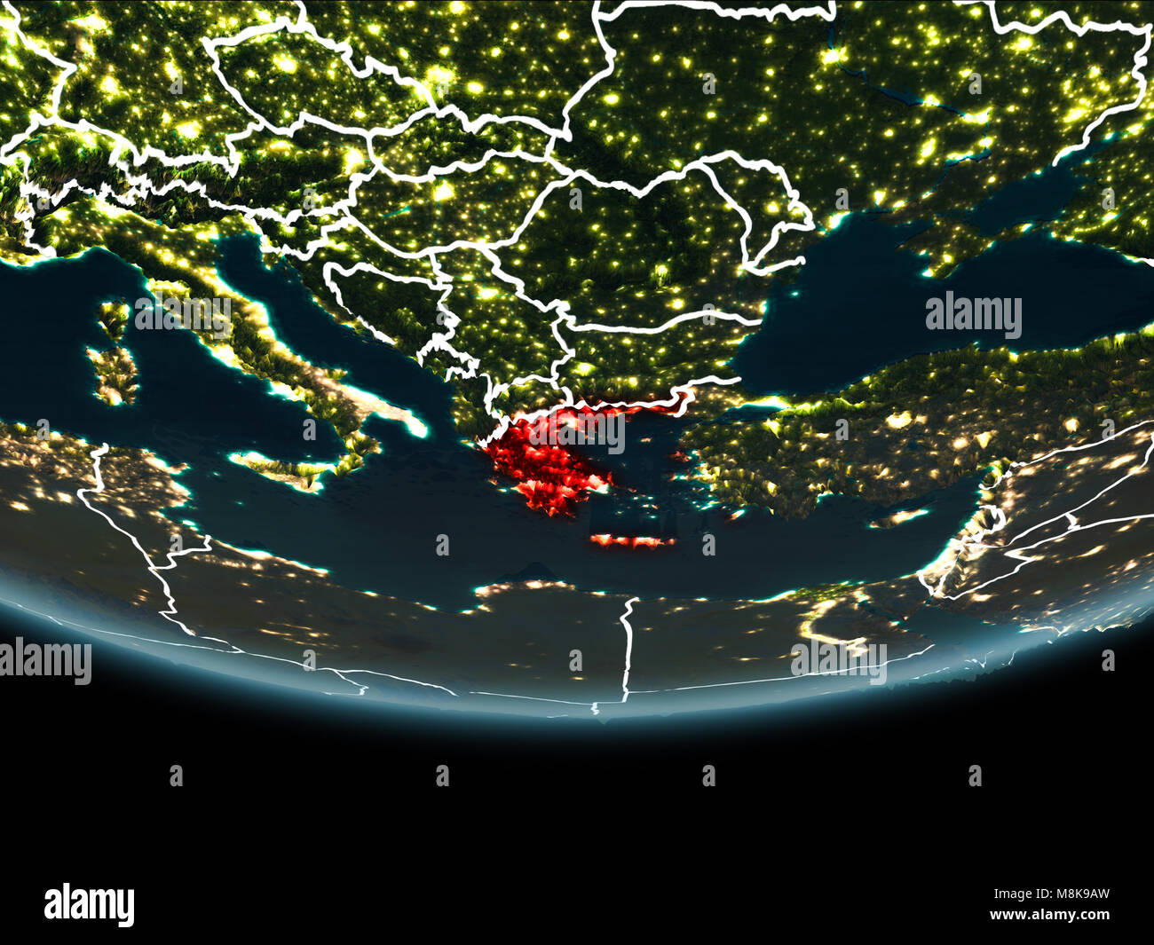 Greece highlighted in red on planet Earth at night with visible borders ...