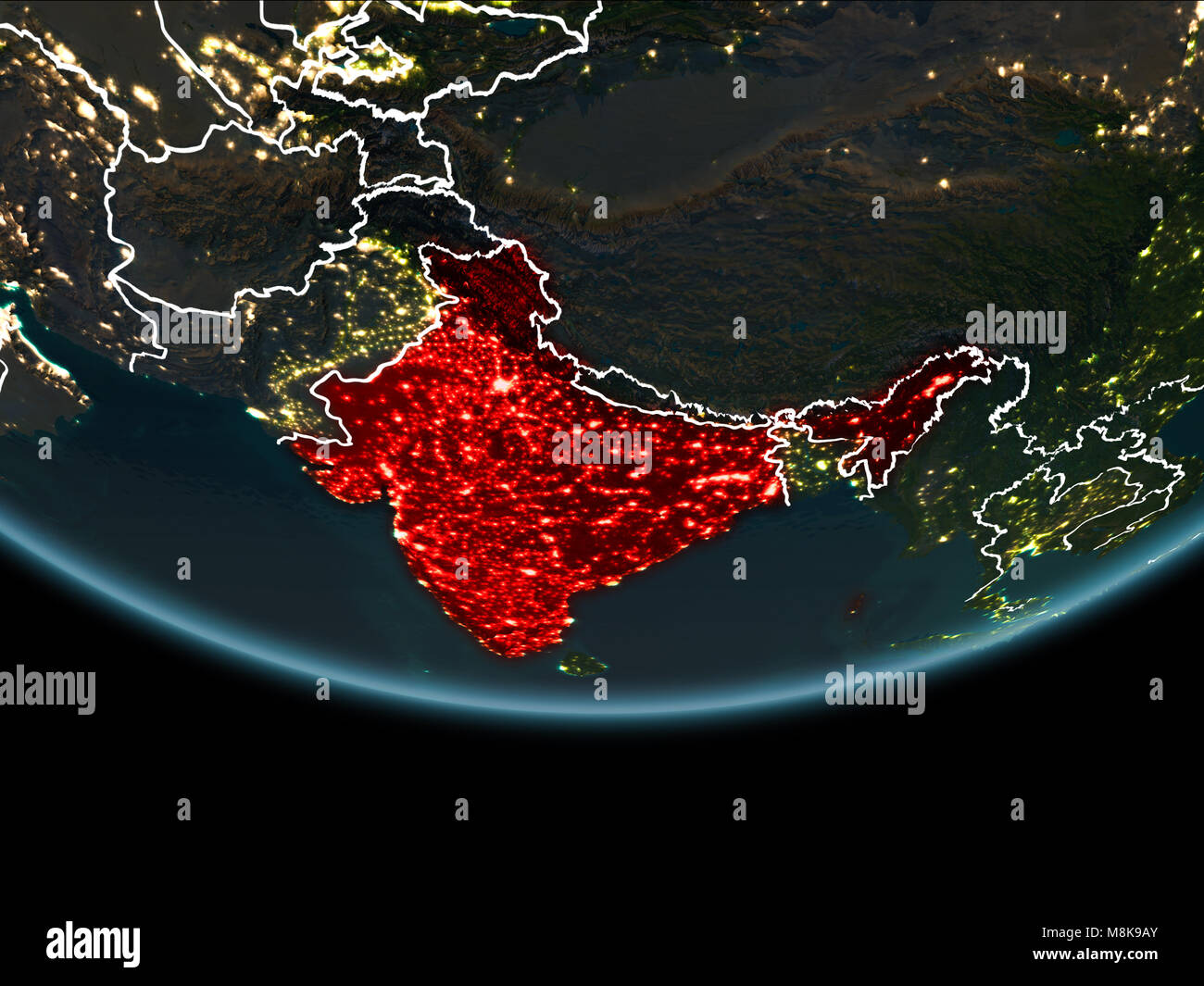 India highlighted in red on planet Earth at night with visible borders ...