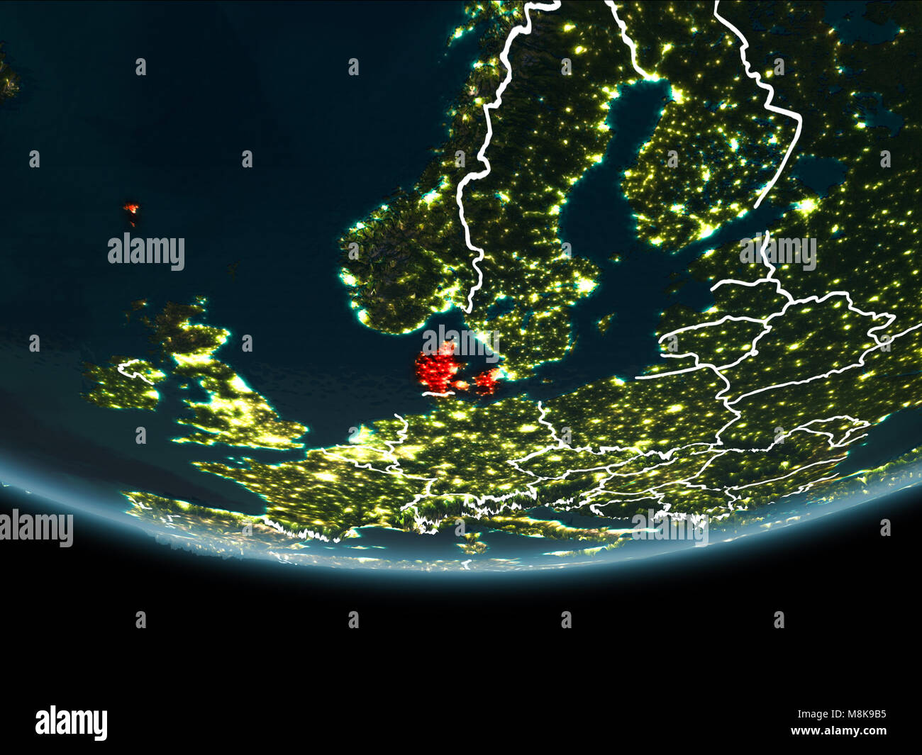 Denmark highlighted in red on planet Earth at night with visible borders and city lights. 3D ...