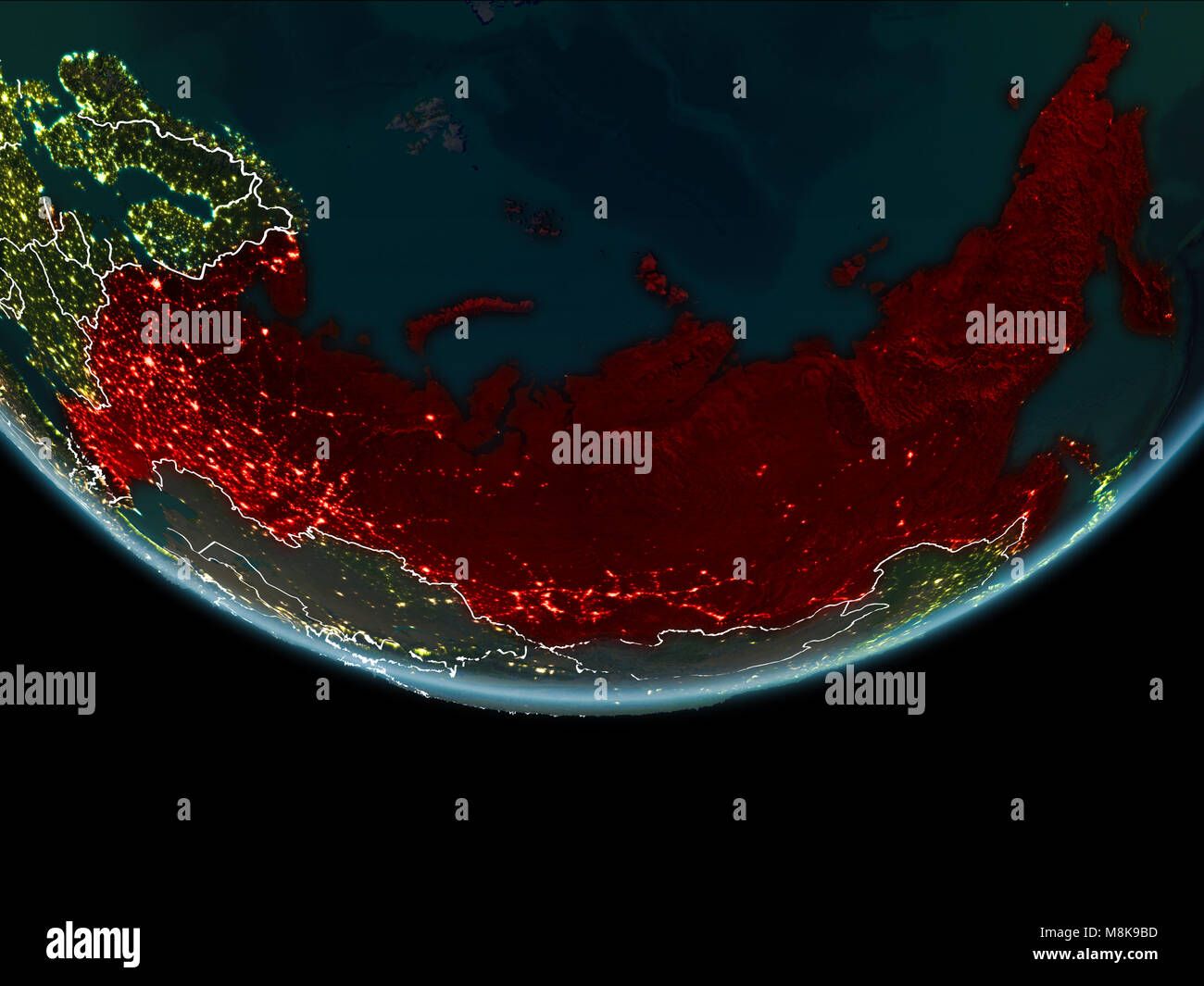 Russia highlighted in red on planet Earth at night with visible borders ...