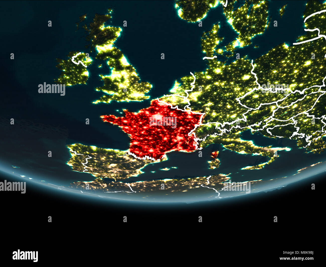 France highlighted in red on planet Earth at night with visible borders ...