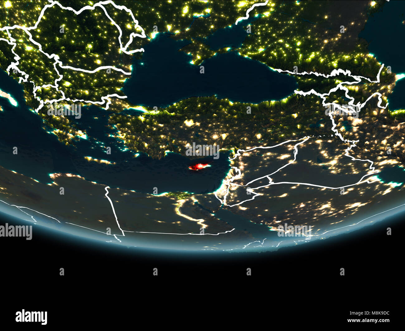 Cyprus highlighted in red on planet Earth at night with visible borders ...