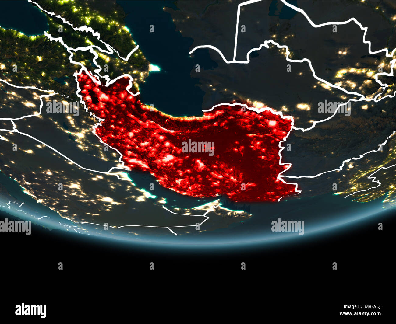 Iran highlighted in red on planet Earth at night with visible borders ...
