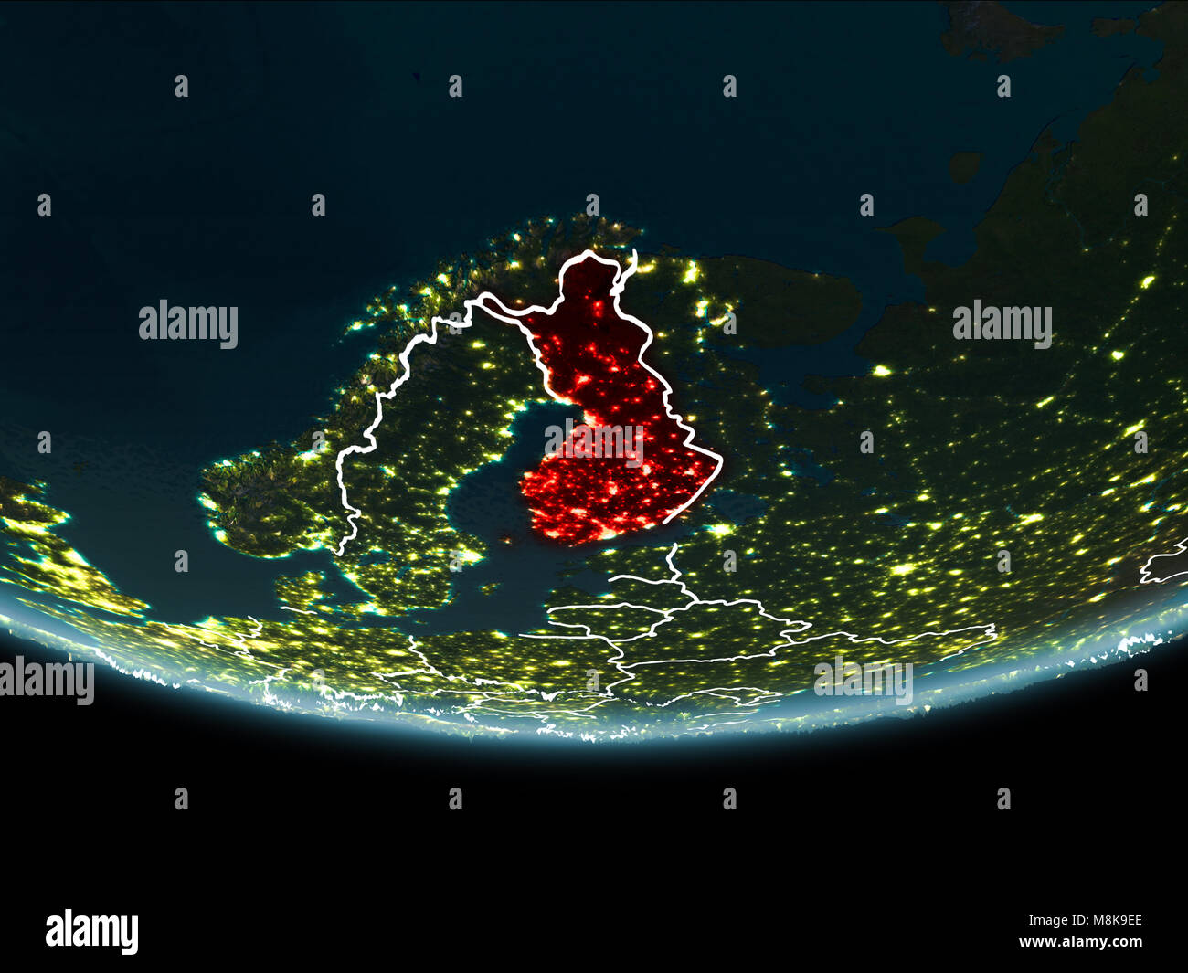 Finland highlighted in red on planet Earth at night with visible ...