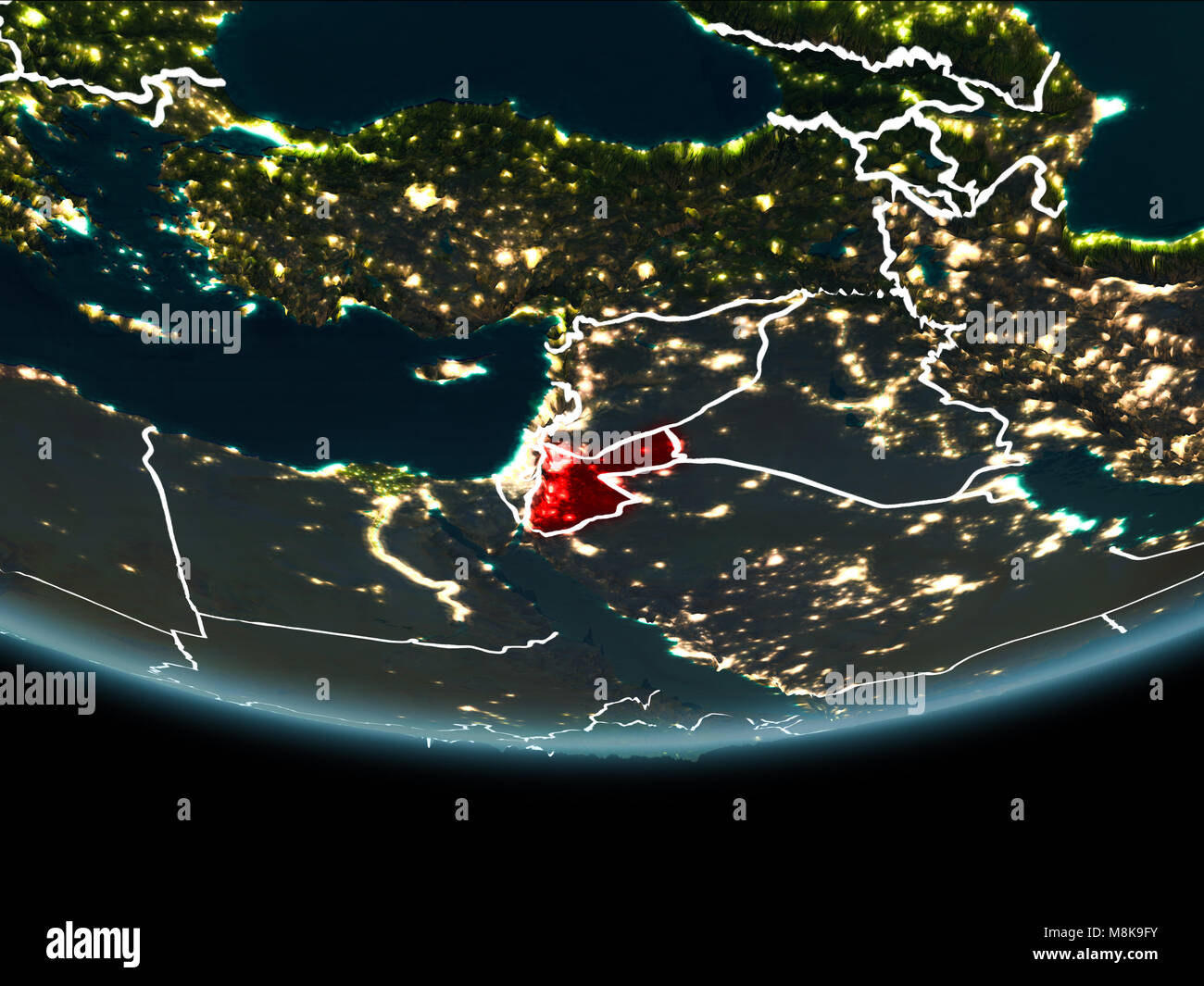 Jordan highlighted in red on planet Earth at night with visible borders ...