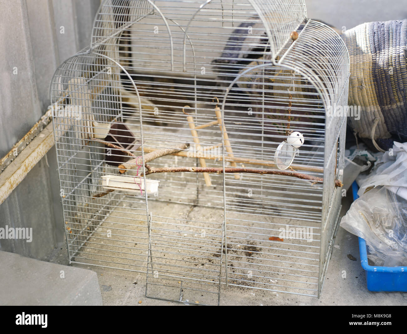 Abandoned steel bird cage on a dirty concrete floor, particular focus ...