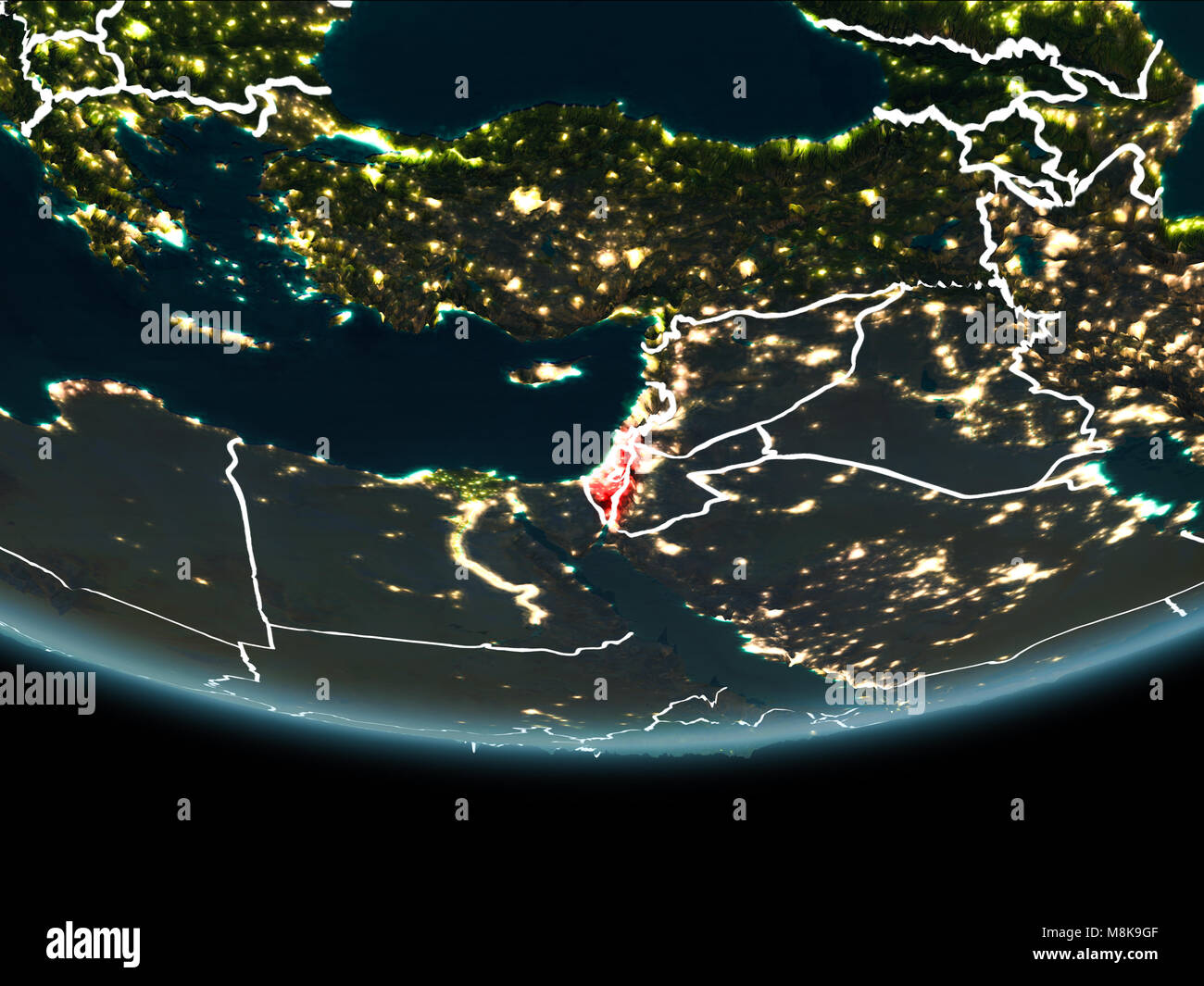 Israel highlighted in red on planet Earth at night with visible borders ...