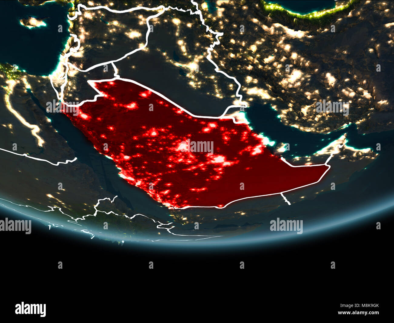 Saudi Arabia highlighted in red on planet Earth at night with visible ...