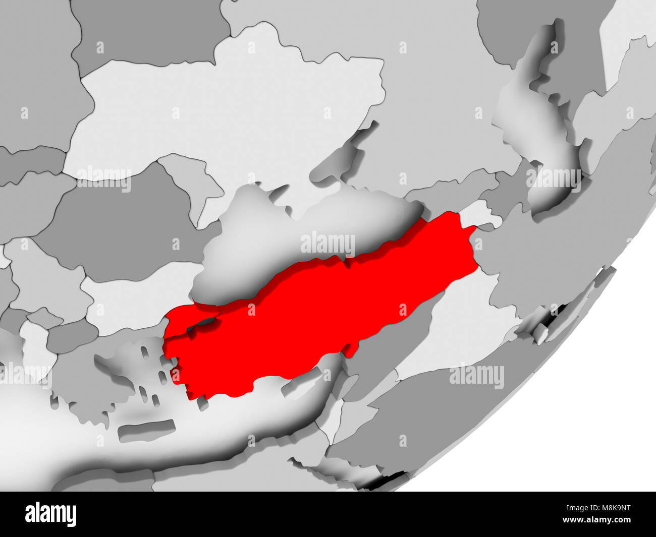 Illustration of Turkey highlighted in red on grey globe. 3D ...