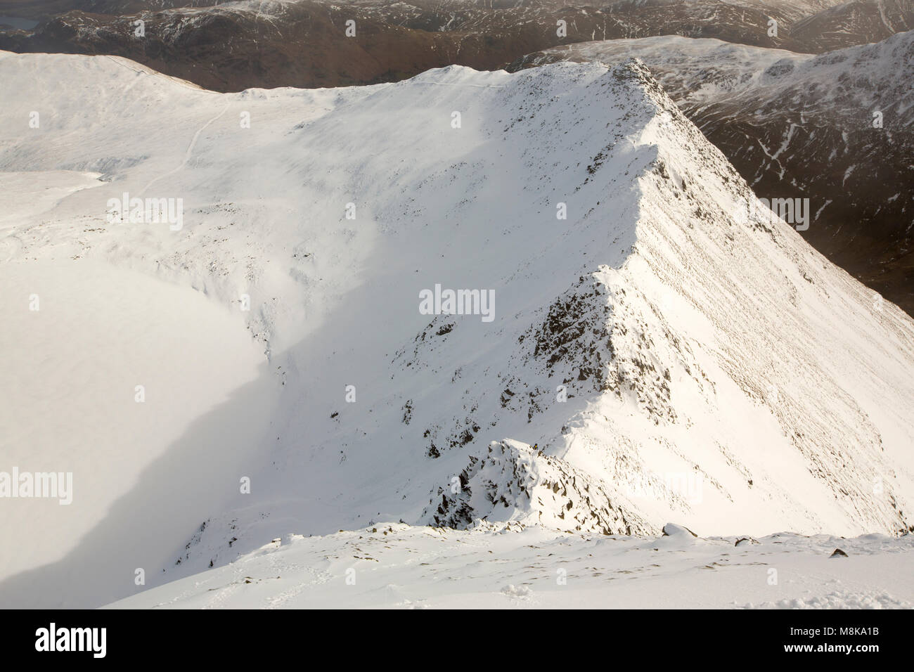 Looking down to Striding Edge on Helvellyn, Lake District, UK with a ...