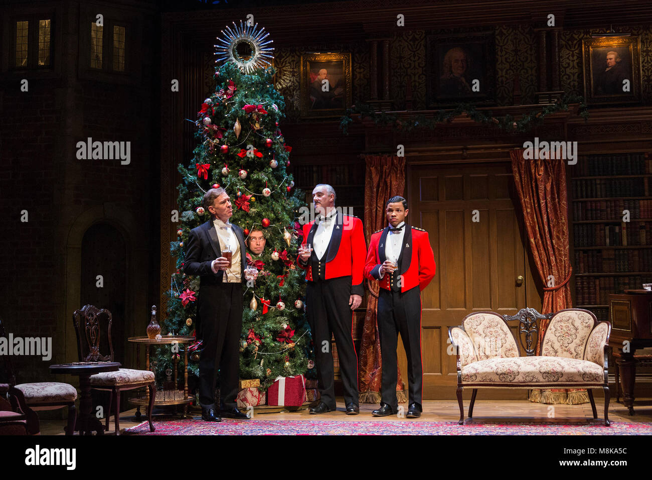 L-R: Steven Pacey (Leonato), Edward Bennett (as Benedick, in tree ...