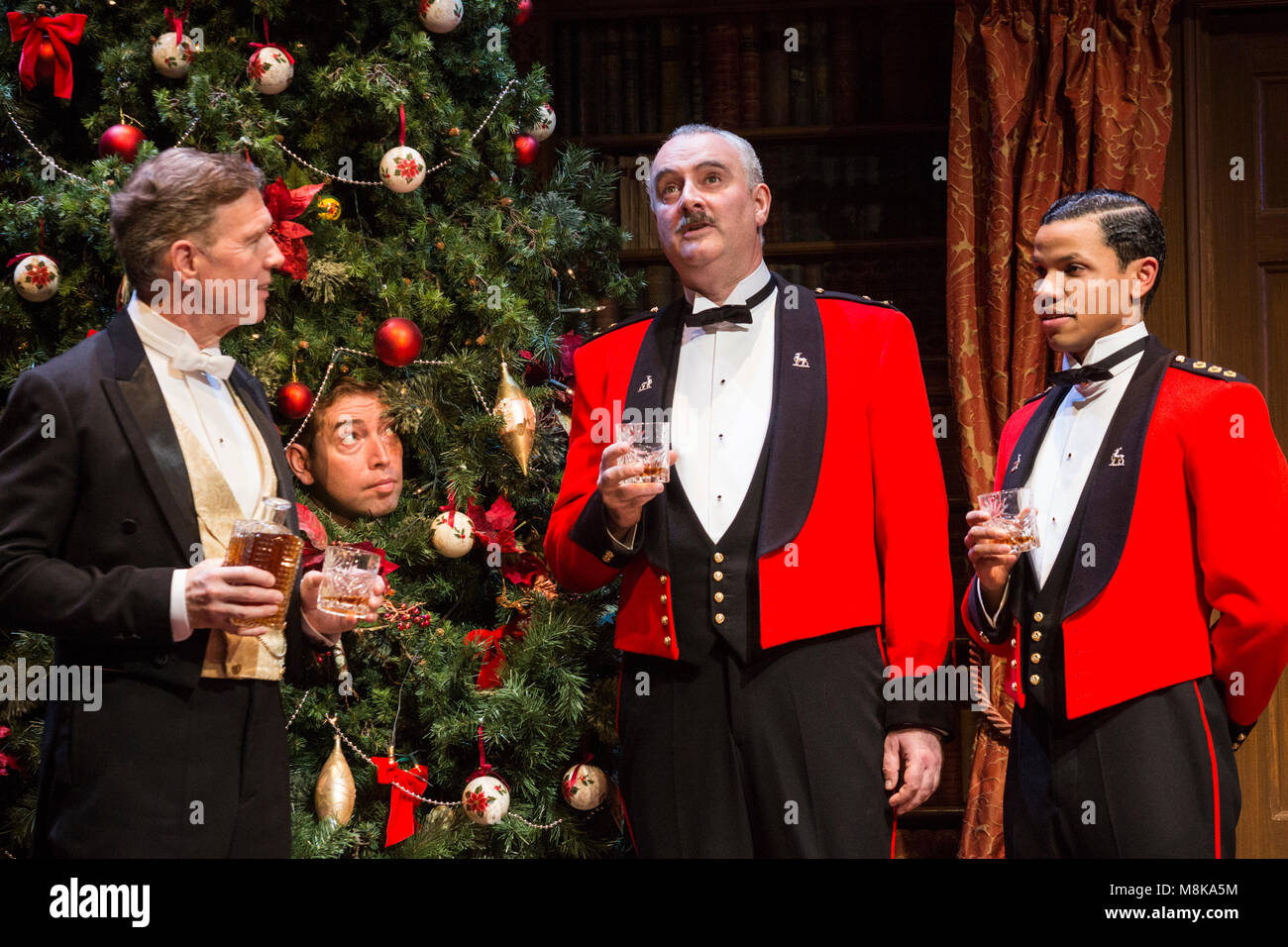L-R: Steven Pacey (Leonato), Edward Bennett (as Benedick, in tree), John Hodgkinson (Don Pedro ...