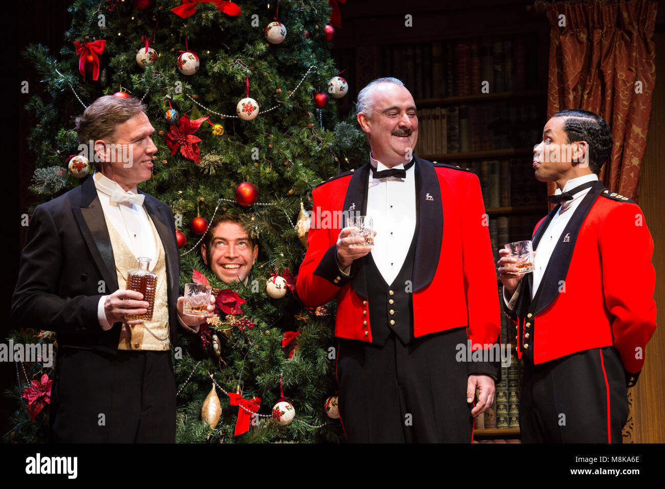 L-R: Steven Pacey (Leonato), Edward Bennett (as Benedick, in tree ...