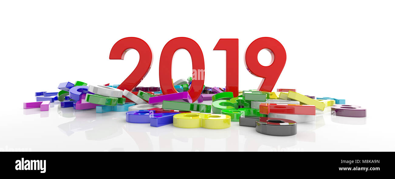 2019 New year concept. Red 2019 figures and colorful numbers heap ...