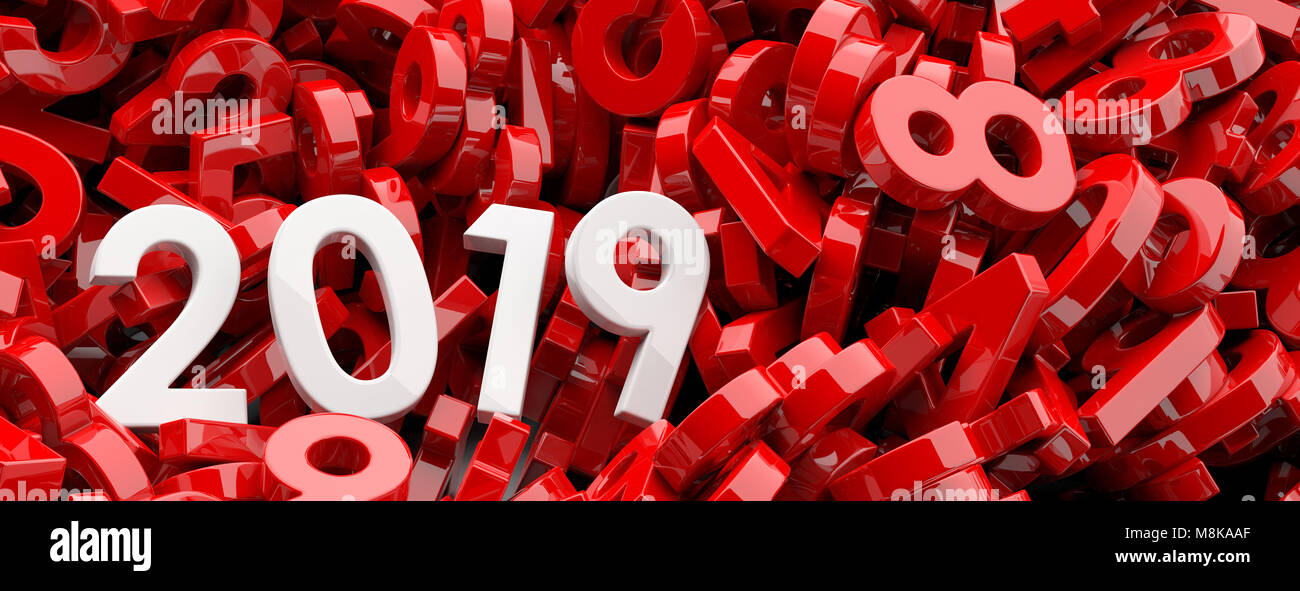 2019 New year. White 2019 figures on red numbers heap background ...