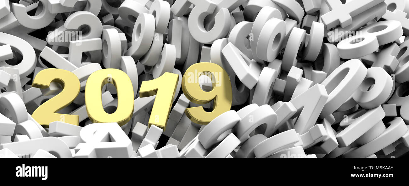 2019 New year. Golden 2019 figures on white numbers heap background ...