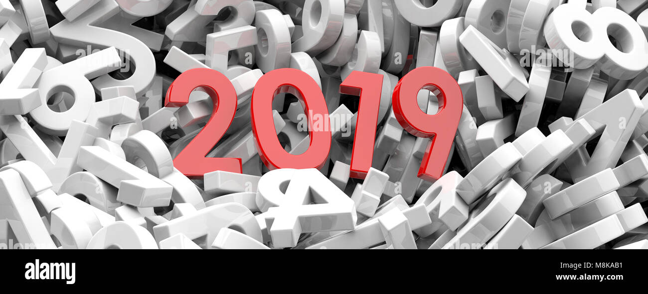 2019 New year. Red 2019 figures on white numbers heap background ...