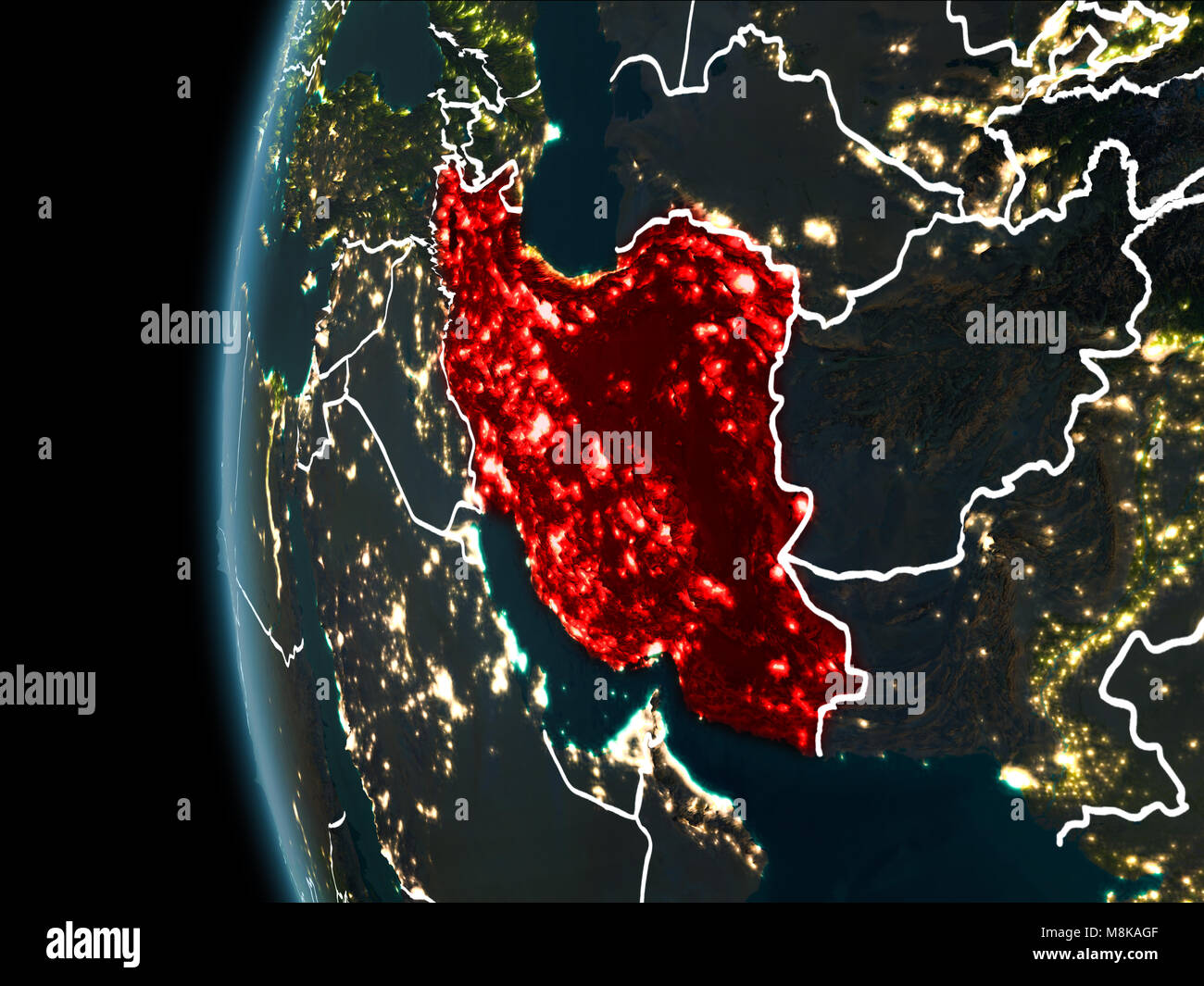 Orbit view of Iran highlighted in red with visible borderlines and city lights on planet Earth ...