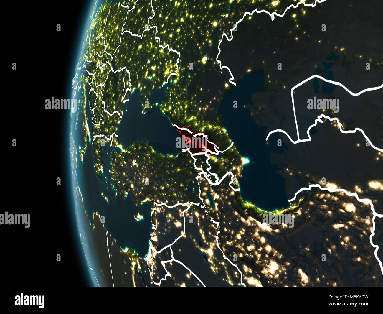 Orbit view of Georgia highlighted in red with visible borderlines and city lights on planet ...