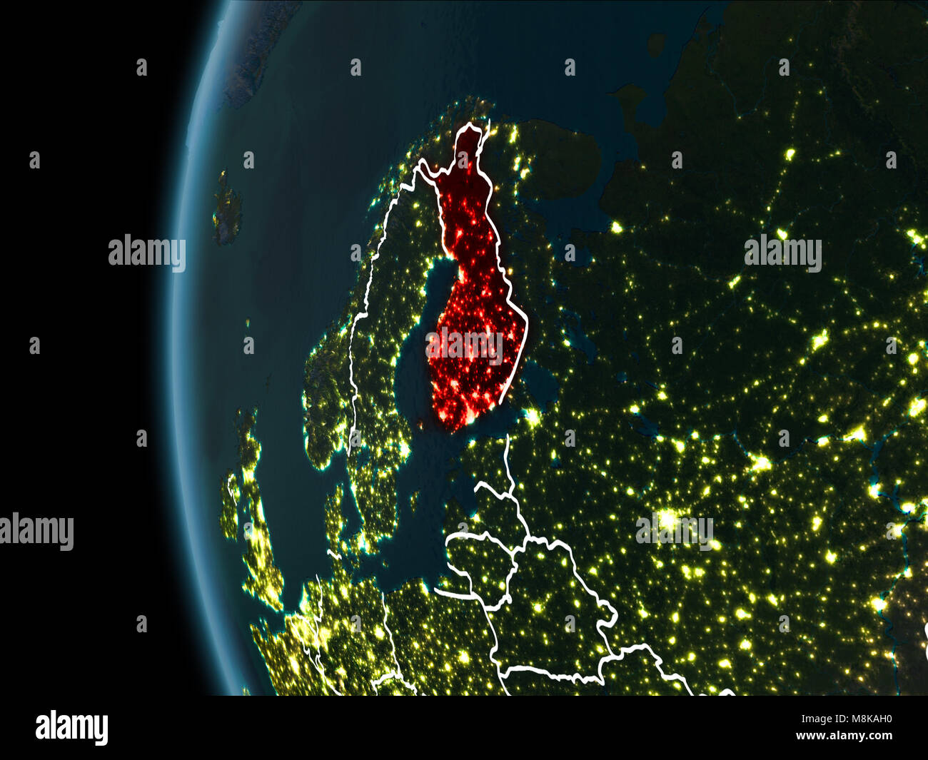 Orbit view of Finland highlighted in red with visible borderlines and city lights on planet ...