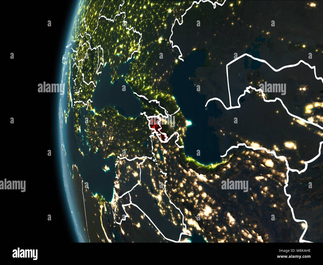 Orbit view of Armenia highlighted in red with visible borderlines and city lights on planet ...