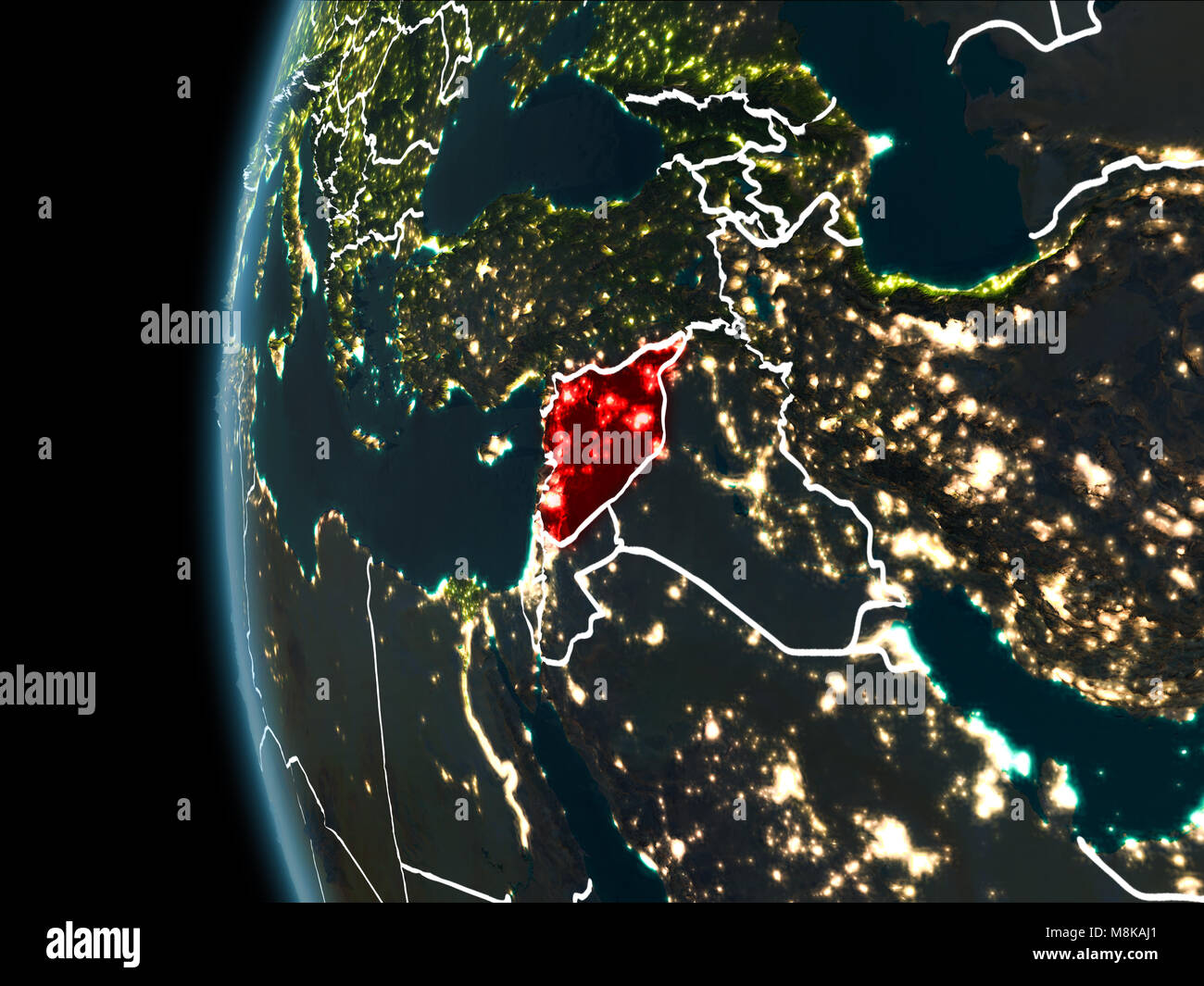 Orbit view of Syria highlighted in red with visible borderlines and ...