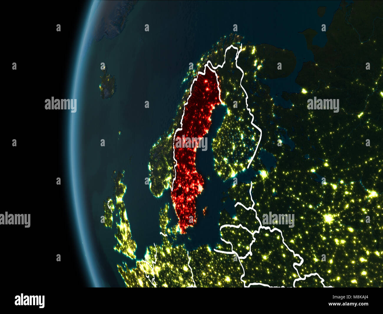 Orbit view of Sweden highlighted in red with visible borderlines and ...