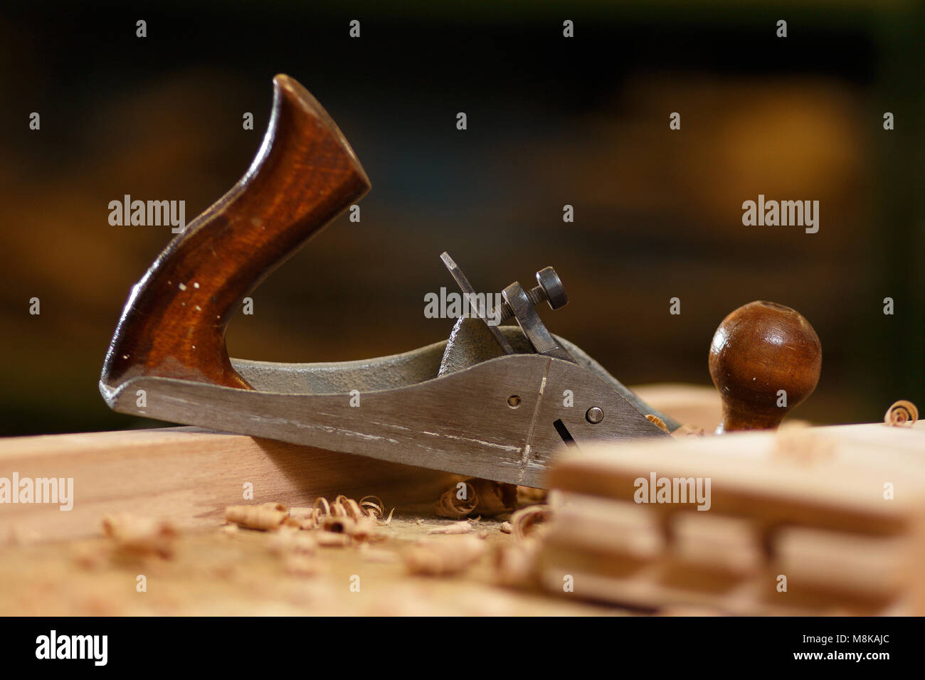 Wood planer on the wooden table, joinery tools, sawdust Stock Photo - Alamy